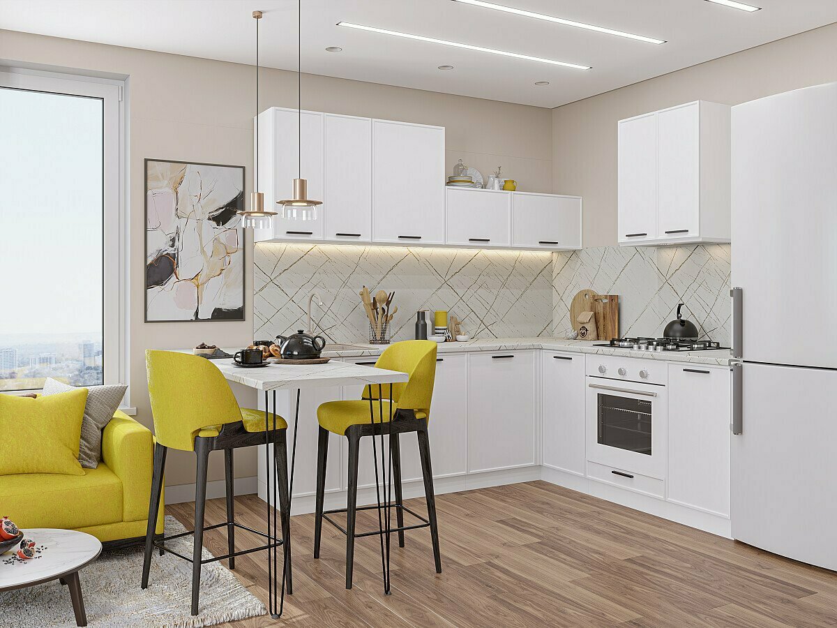 Готовый кухонный гарнитур кухня Фрейм-03 White Silk, Белый со столешницей