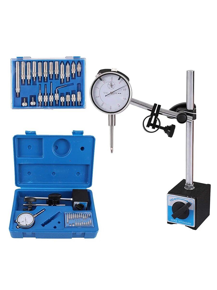 Индикатор часового типа с магнитной стойкой Gestell ИЧ-10 и комплектом насадок, 22 шт.