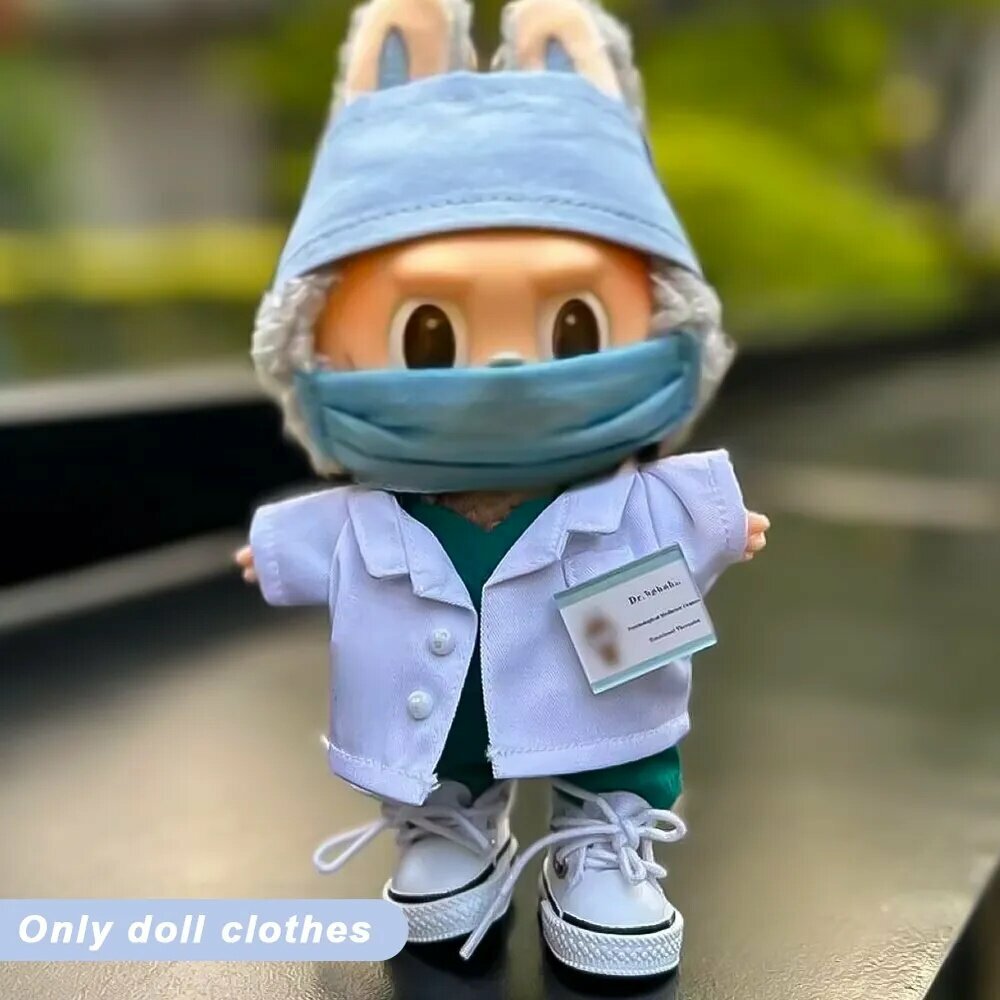 Костюм для куклы 17см Лабубу: синий докторский халат и медсестринская униформа, без куклы и обуви и значка
