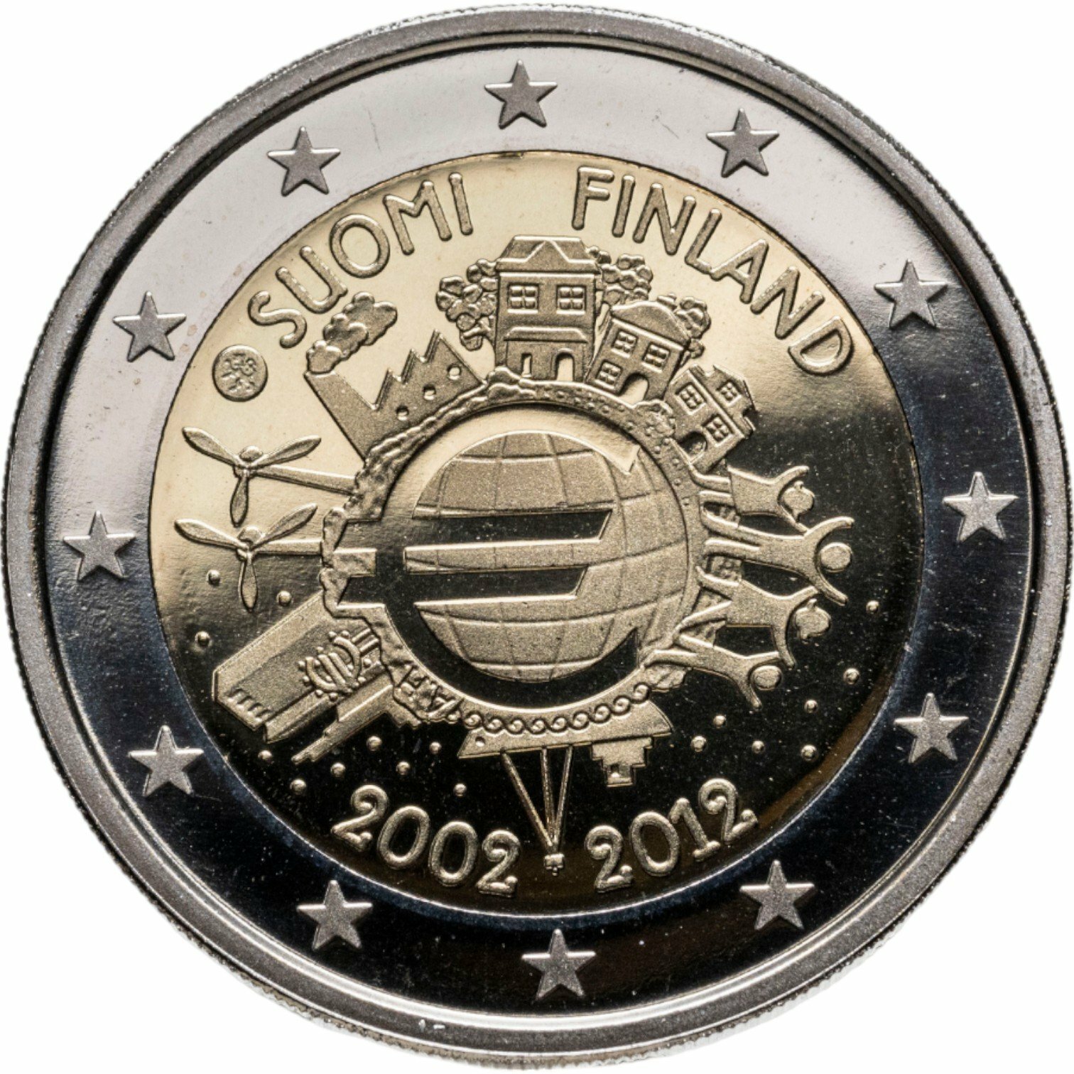 Финляндия 2 евро 2012 "10 лет евро" Proof в капсуле, Биметалл