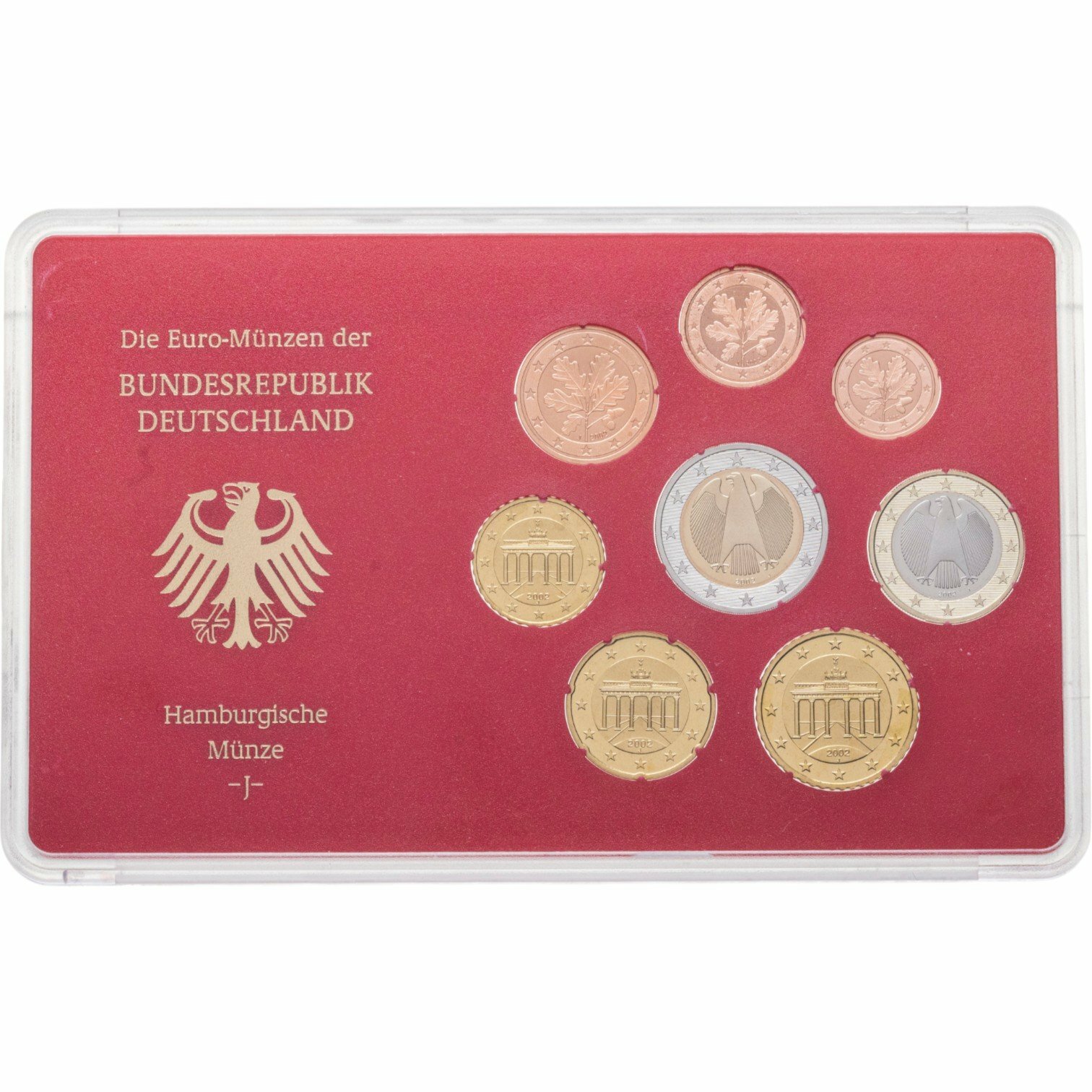 Германия, набор евро из 8-ми монет 2002, монетный двор J Гамбург, в официальном пластике, Различные сплавы, в сохранности Proof