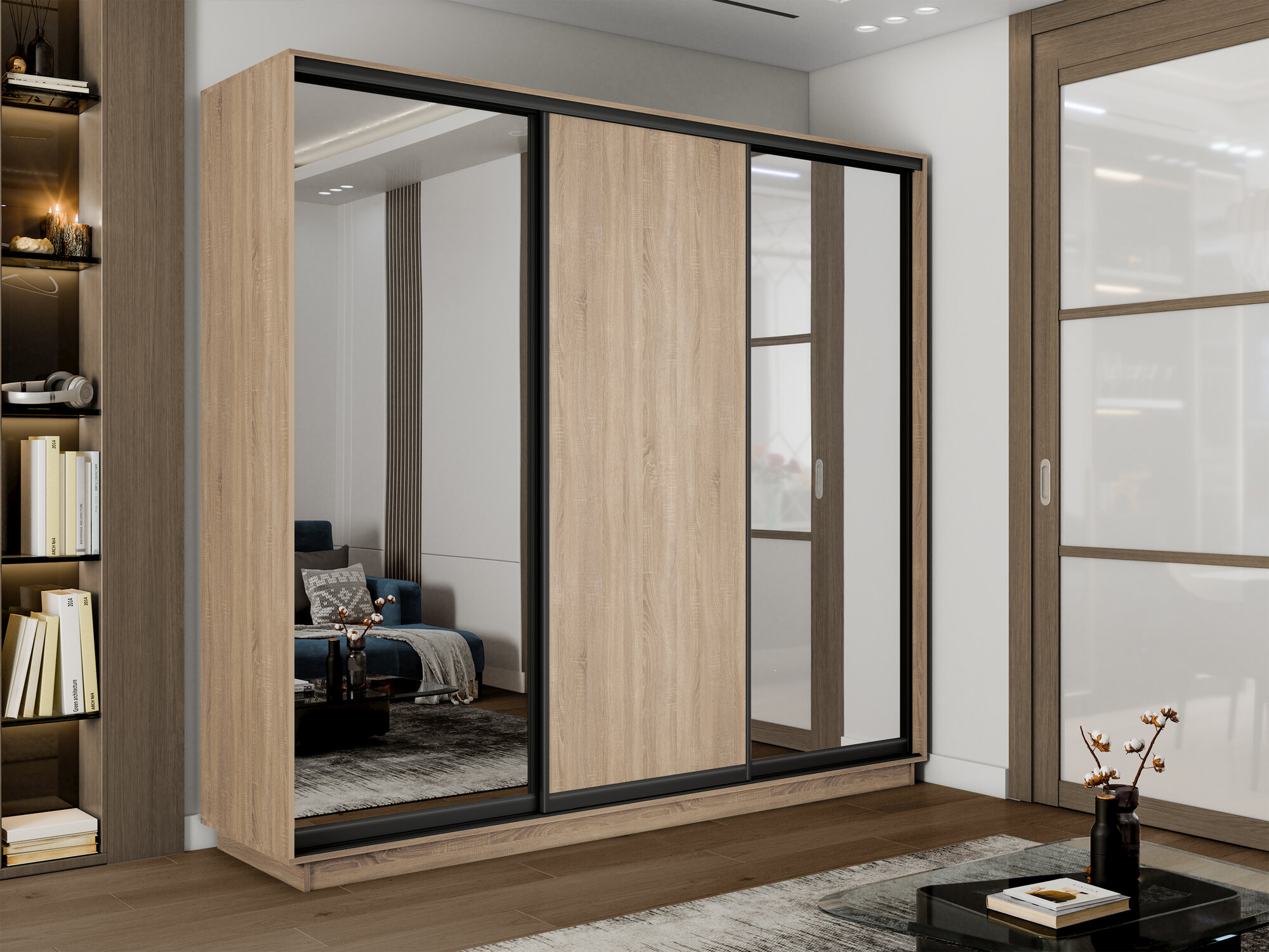 Шкаф купе Вилли 3-х дверный ЛДСП, (2-зеркала/ДСП) , профиль черный 180 см х 220 см х 45 см (Дуб Сонома)