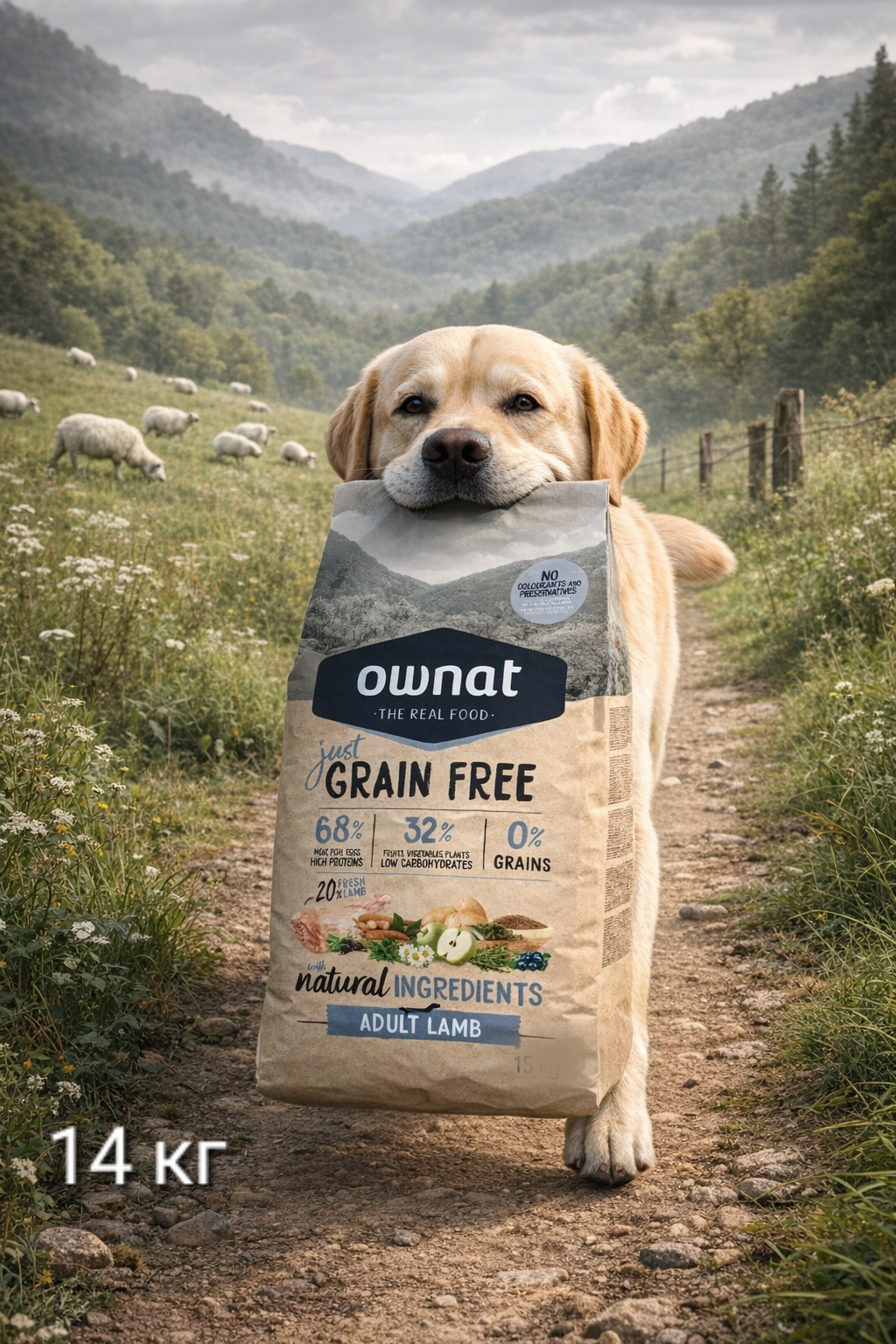 Корм Ownat "Grain Free" lamb, беззерновой, ягненок, для всех пород, 14кг