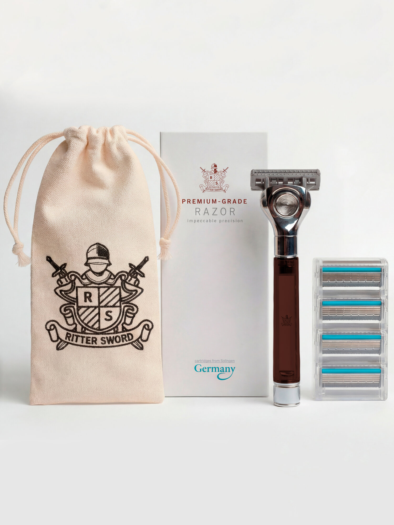 Подарочный набор Бритвенный Ritter Sword Premium Grade Razor станок + 5 сменных кассет Quattro Titanium Sensetive + брендированный чехол для хранения