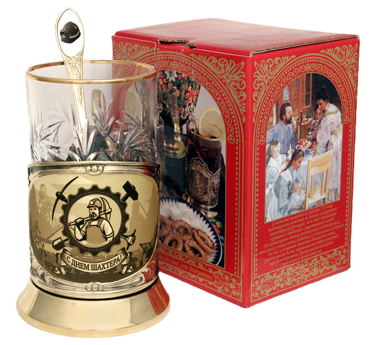 Набор д/чая "Шахтер" (3 пр.) - картон. коробка, хруст. стакан, латунь, гравировка, ложка - нерж. зол. грав. ПД-511/1К-л