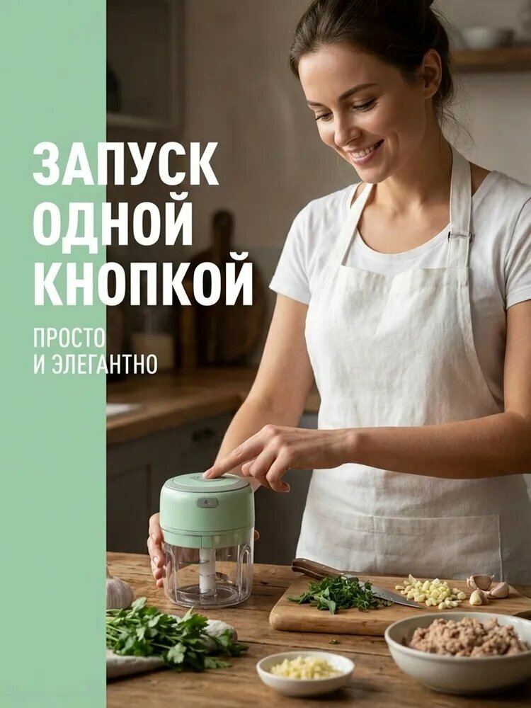 Измельчитель, беспроводной, с местом для хранения насадок, 1,0 л, пластик, светло-зелёный — фото 1