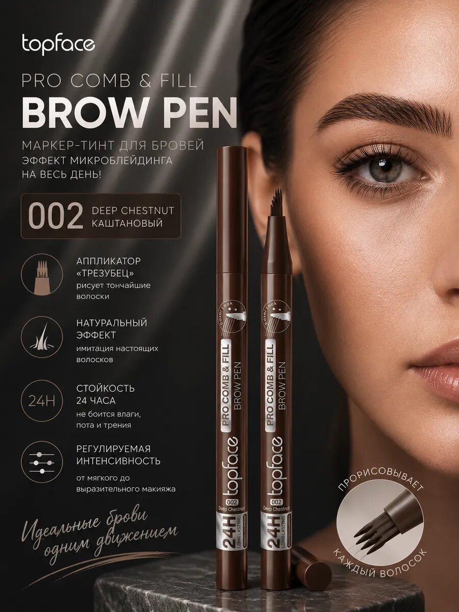 Topface Фломастер для бровей Pro Comb & Fill Brow Pen, PT620 002 Deep Chestnut
