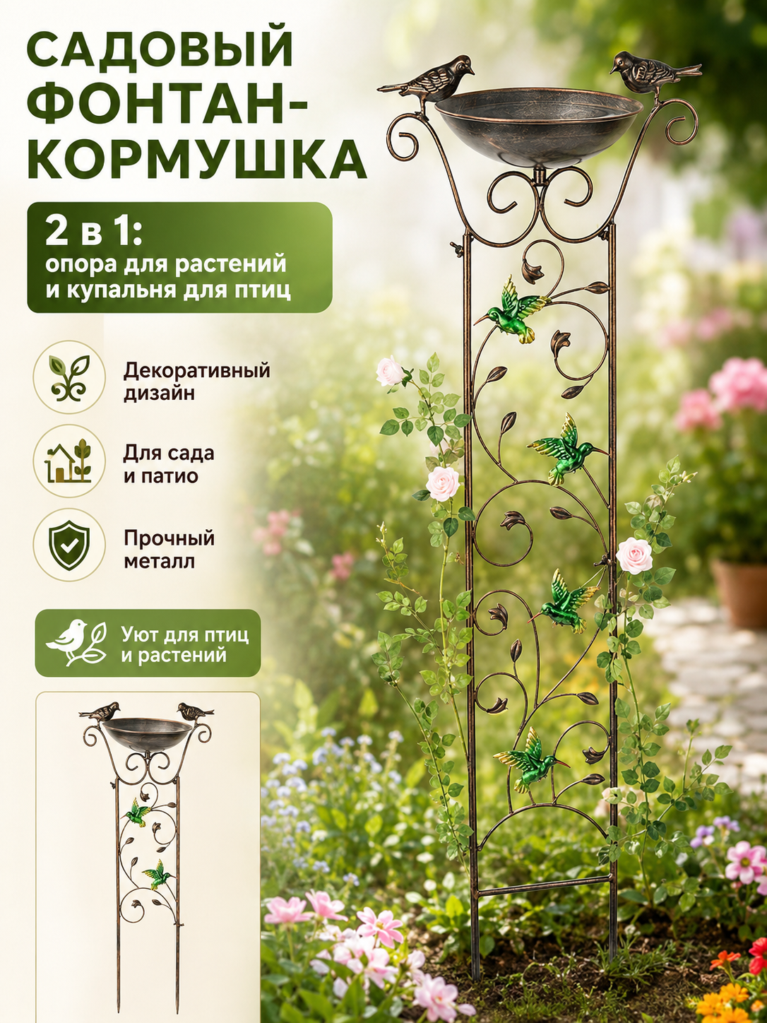 Фонтан садовый, Садовая купальня-кормушка для птиц, опора для растений, металл