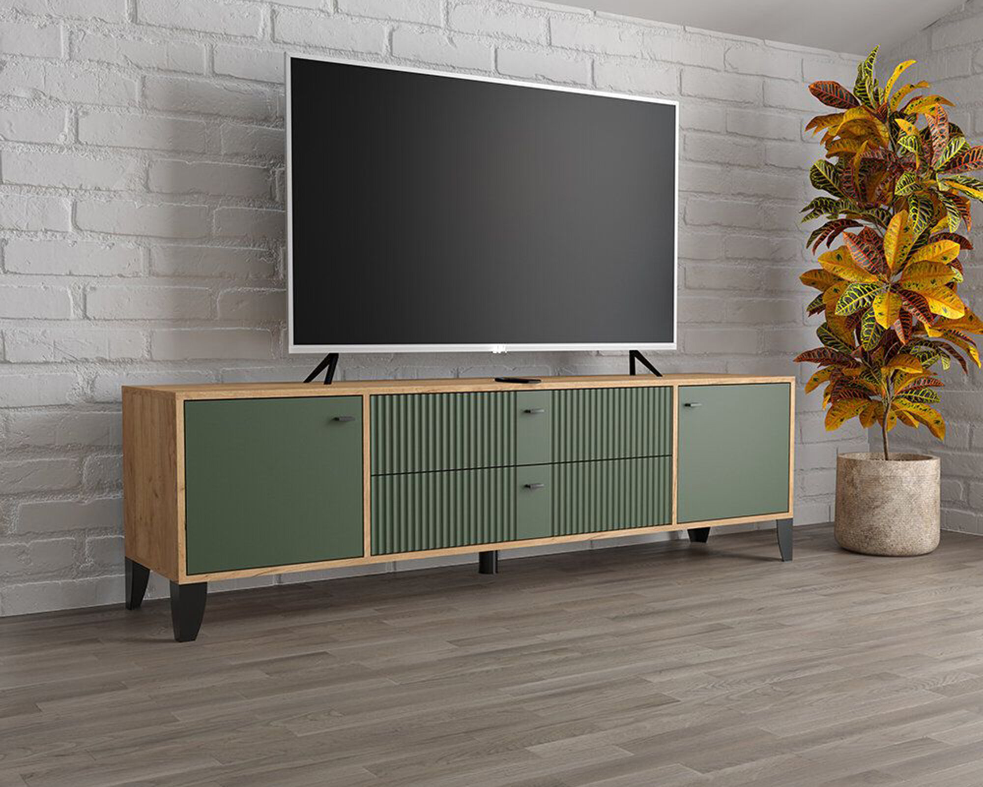 Тумба ТВ Парус-10 (1802х530х400) дуб крафт золотой/карбон дарк грин