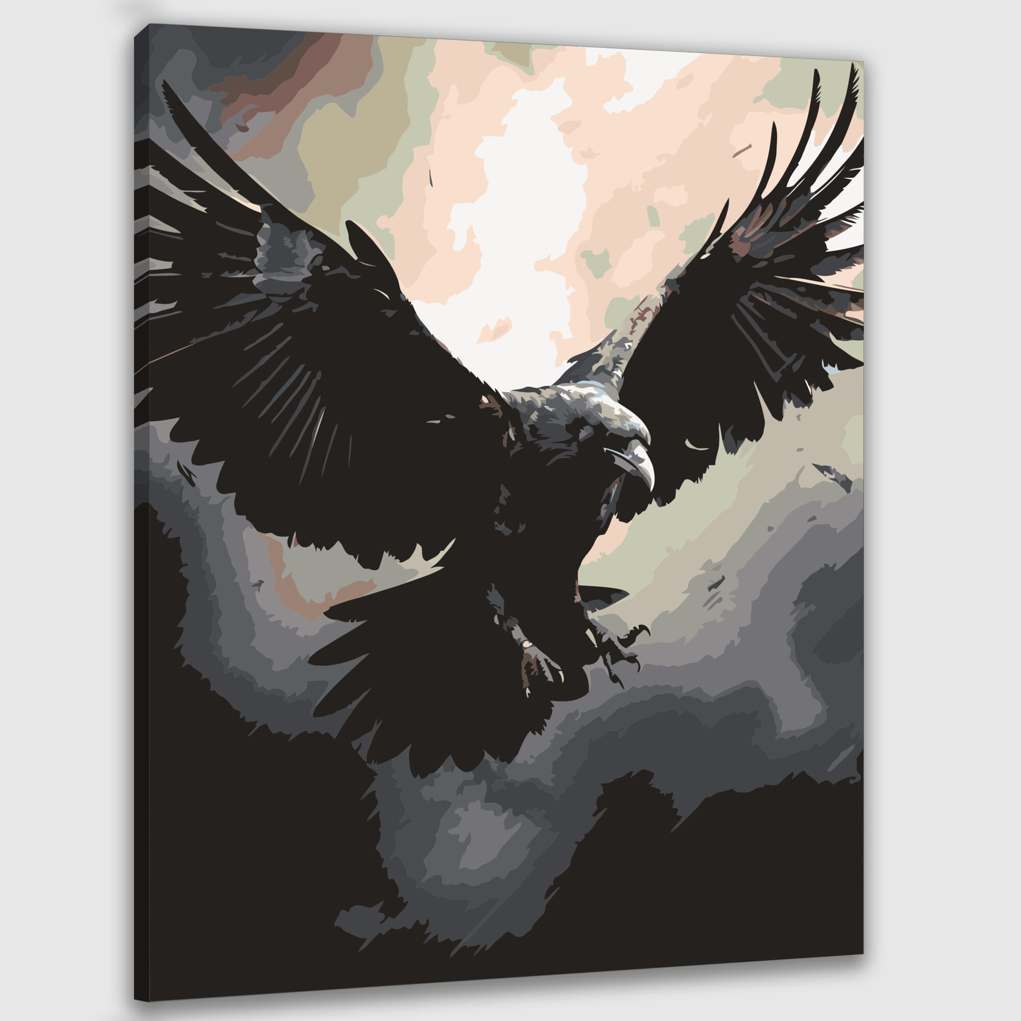 Картина по номерам 40x50 см, ворона, грозовое небо, черные перья, капли дождя, расправленные крылья, свобода, дикость