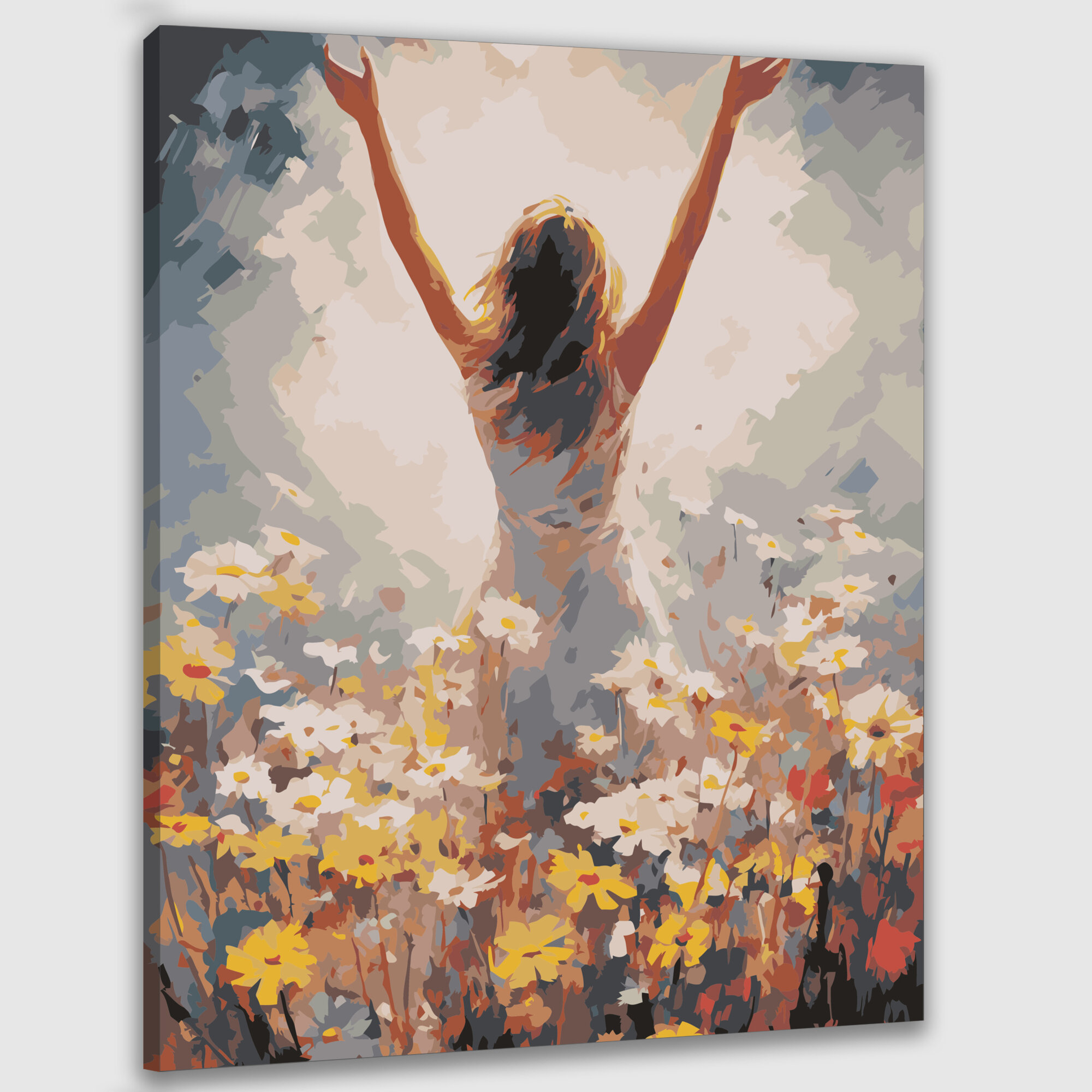 Картина по номерам 40x50 см, картина маслом, девушка, спина, руки, небеса, поле, цветы, лепестки, кисть, художник