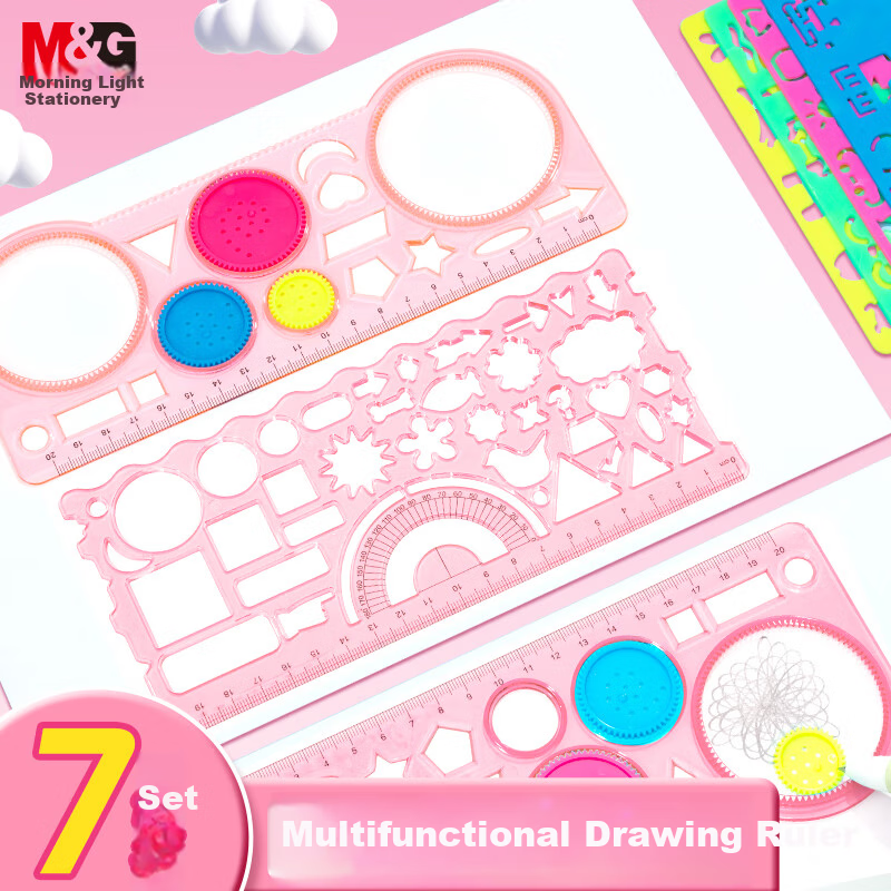 M&G Magic Twist Ruler Set 7 Pieces, Multi-functional Drawing Tools for Designing and Drafting, Suitable for Elementary School Students for Handwritten Reports, Math and Geometry Modeling, Pink ARL960A