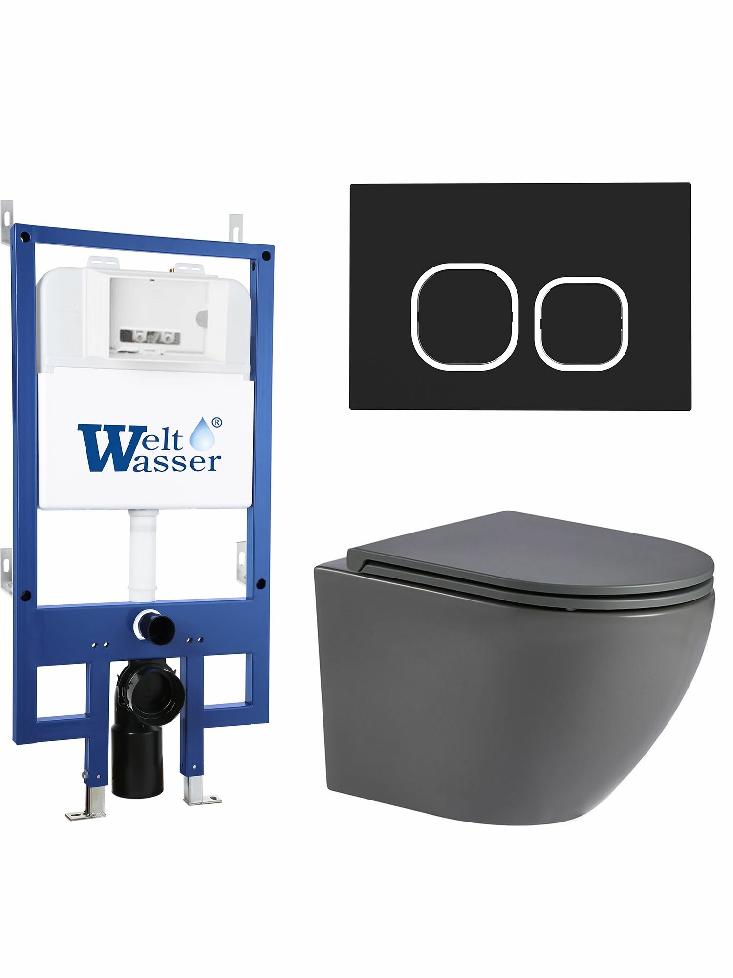 Комплект 6 в 1 WeltWasser: подвесной унитаз MERZBACH 043 MT-GR серый+кнопка смыва BAMBERG BL черный+инсталляция BAMBERG 545
