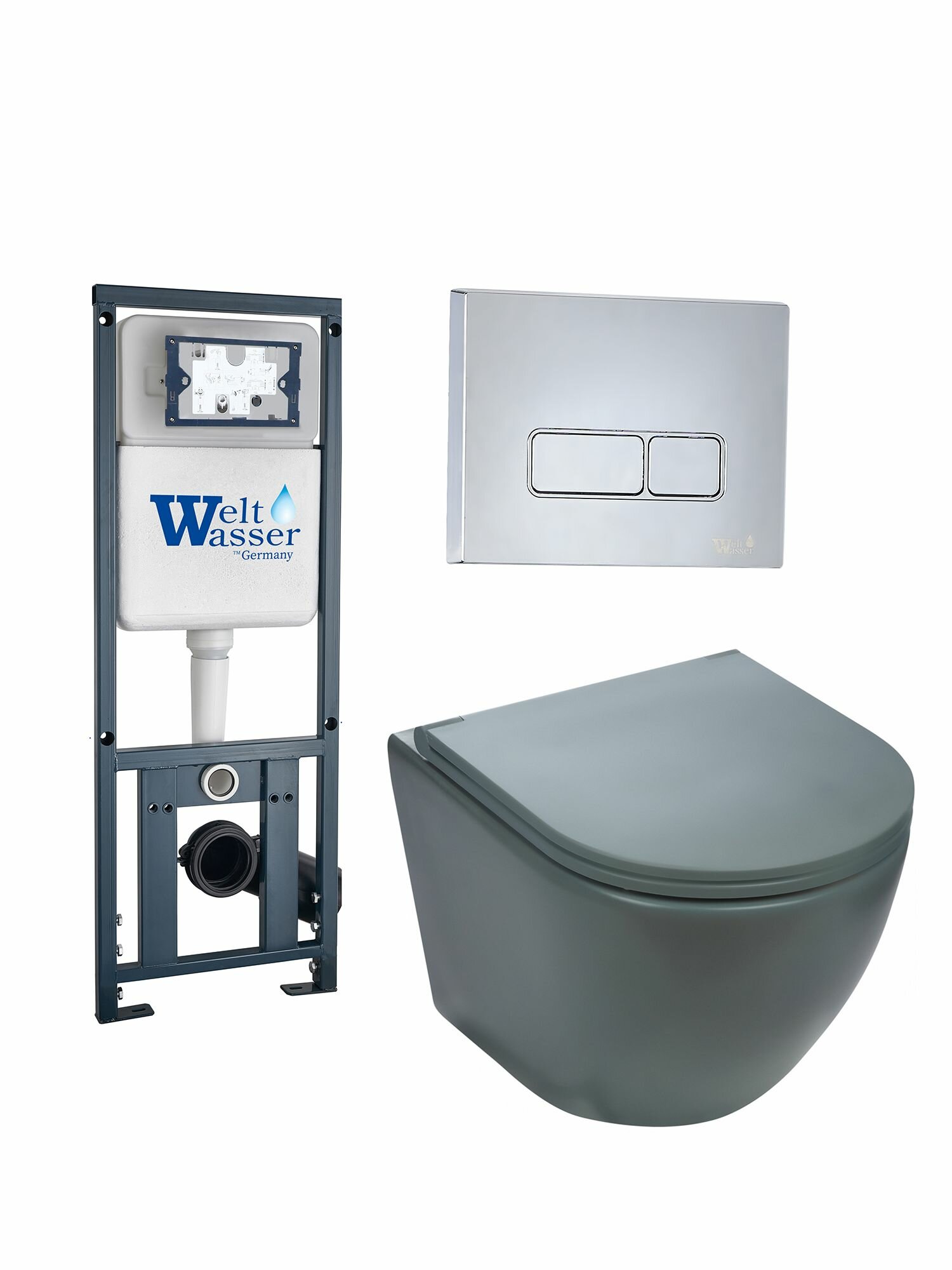 Комплект 6 в 1 WeltWasser: подвесной унитаз MERZBACH 043 MT-GR серый+кнопка смыва MAR 410 SE-CR хром+инсталляция MARBERG 410