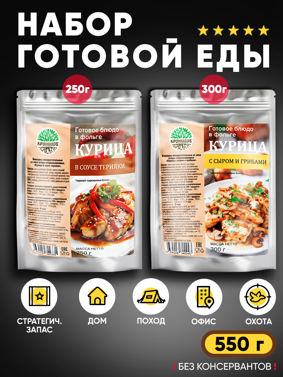 Набор из 2 готовых блюд Кронидов: Курица в соусе Терияки, Курица с сыром и грибами. Готовая еда