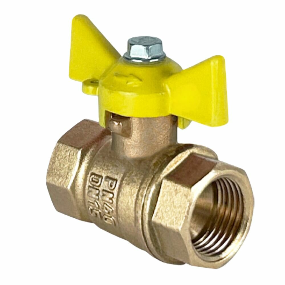 Кран шаровой латунь газ 11Б27фтМ Ду 20 Ру40 ВР бабочка желтая VALFEX VF.277. LB3.034. N/P59