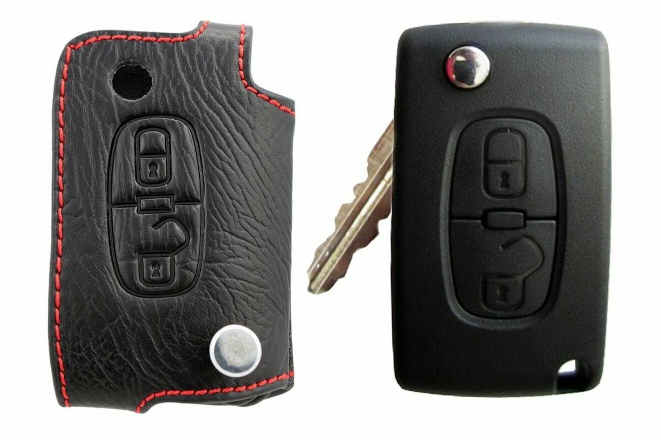 Чехол для автомобильного ключа Peugeot (Пежо) Цвет Черный Нить Красная