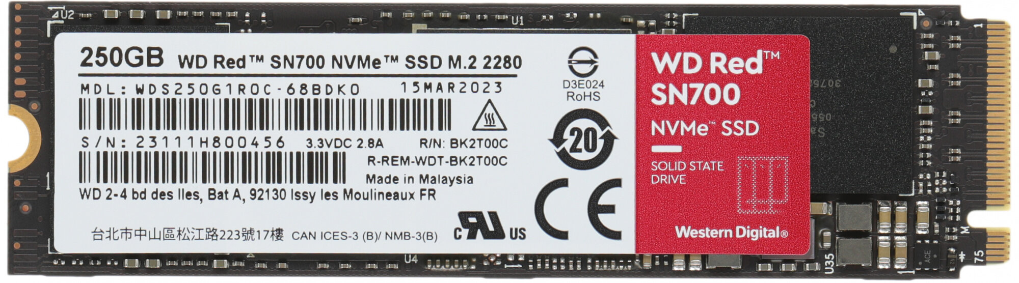 SSD накопитель WD Red SN700 WDS250G1R0C 250ГБ, M.2 2280, PCI-E x4, NVMe, M.2