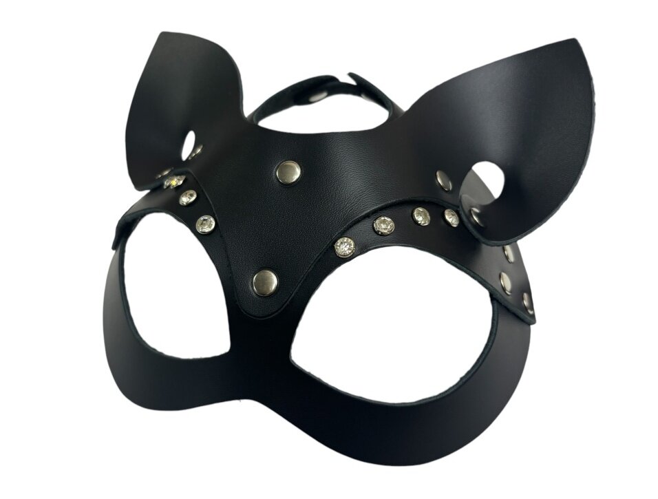 Маска кошки с сияющими стразами БДСМ Арсенал из натуральной кожи и металла в цвете чёрный