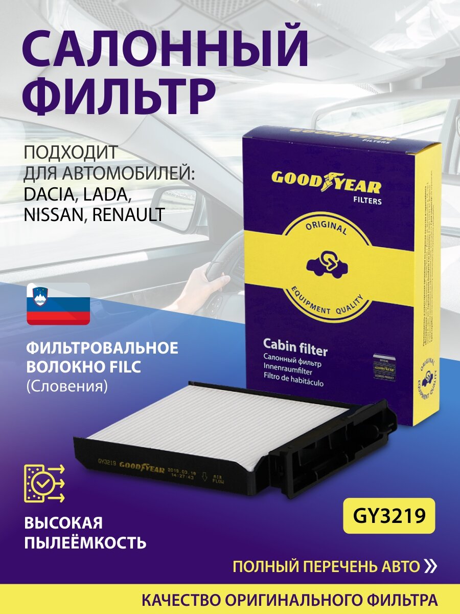 Фильтр салонный Goodyear GY3219 NISSAN ALMERA, NOTE, TERRANO III, LADA LARGUS, RENAULT CLIO III DUSTER LOGAN SANDERO