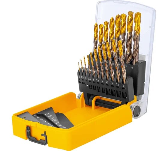 Набор сверл по металлу, 1-10 мм, Р6М5К8-TiN, Golden Tip, 19 шт Denzel
