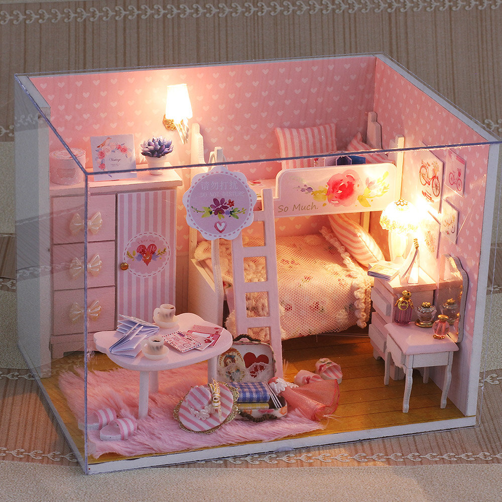 DIY Doll House Kit Miniature Super Mini Size Wooden Furniture Toys Girl Bedroom Pink Girl Heart without cover wood fabric paper plastic metal 170*130*130mm 500g 1* DIY Doll House Kit