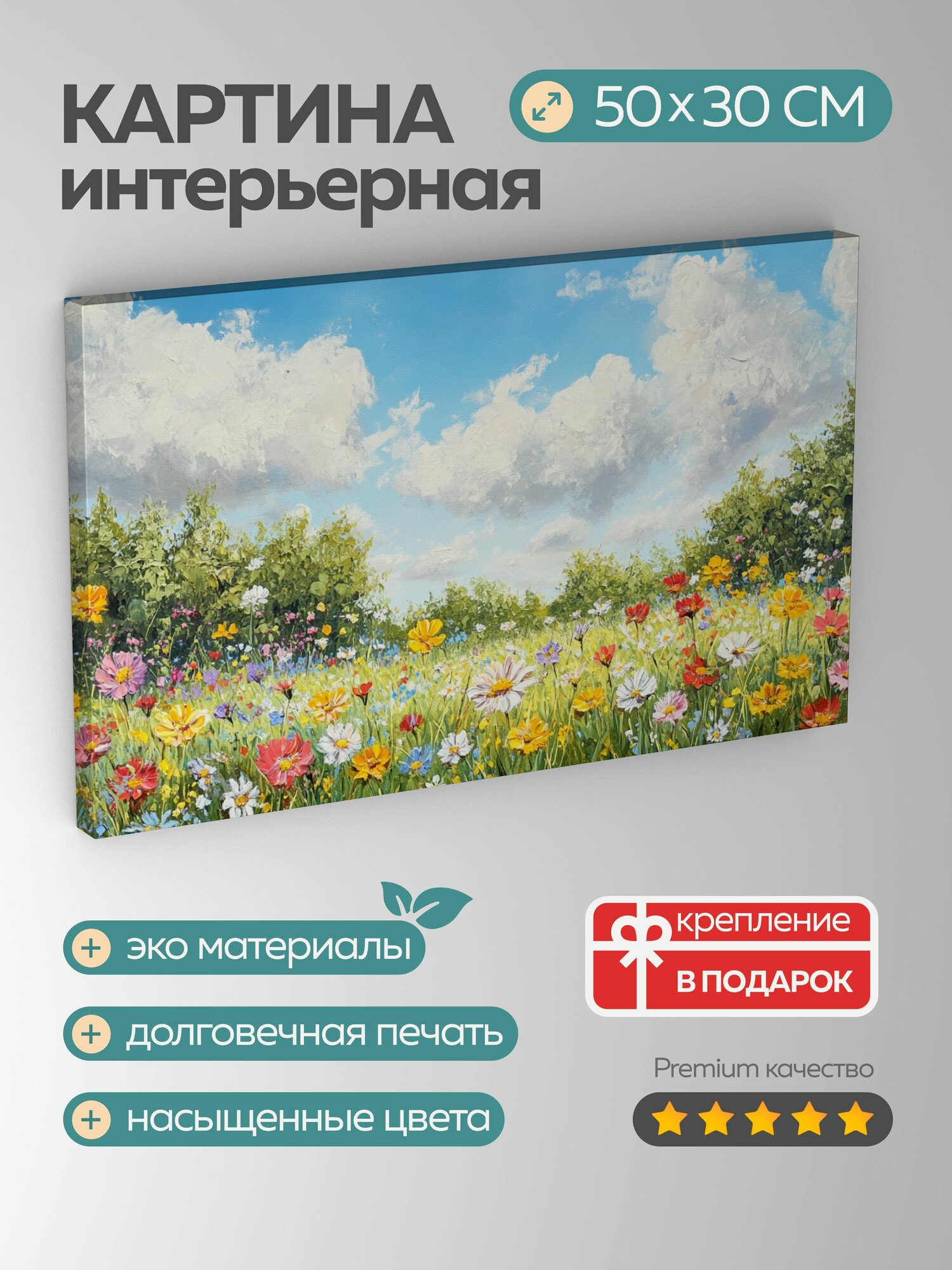 Картина на холсте интерьерная 50х30 см, луг, цветы, небо, облака, природа, жизнь, акриловая, картина, яркие