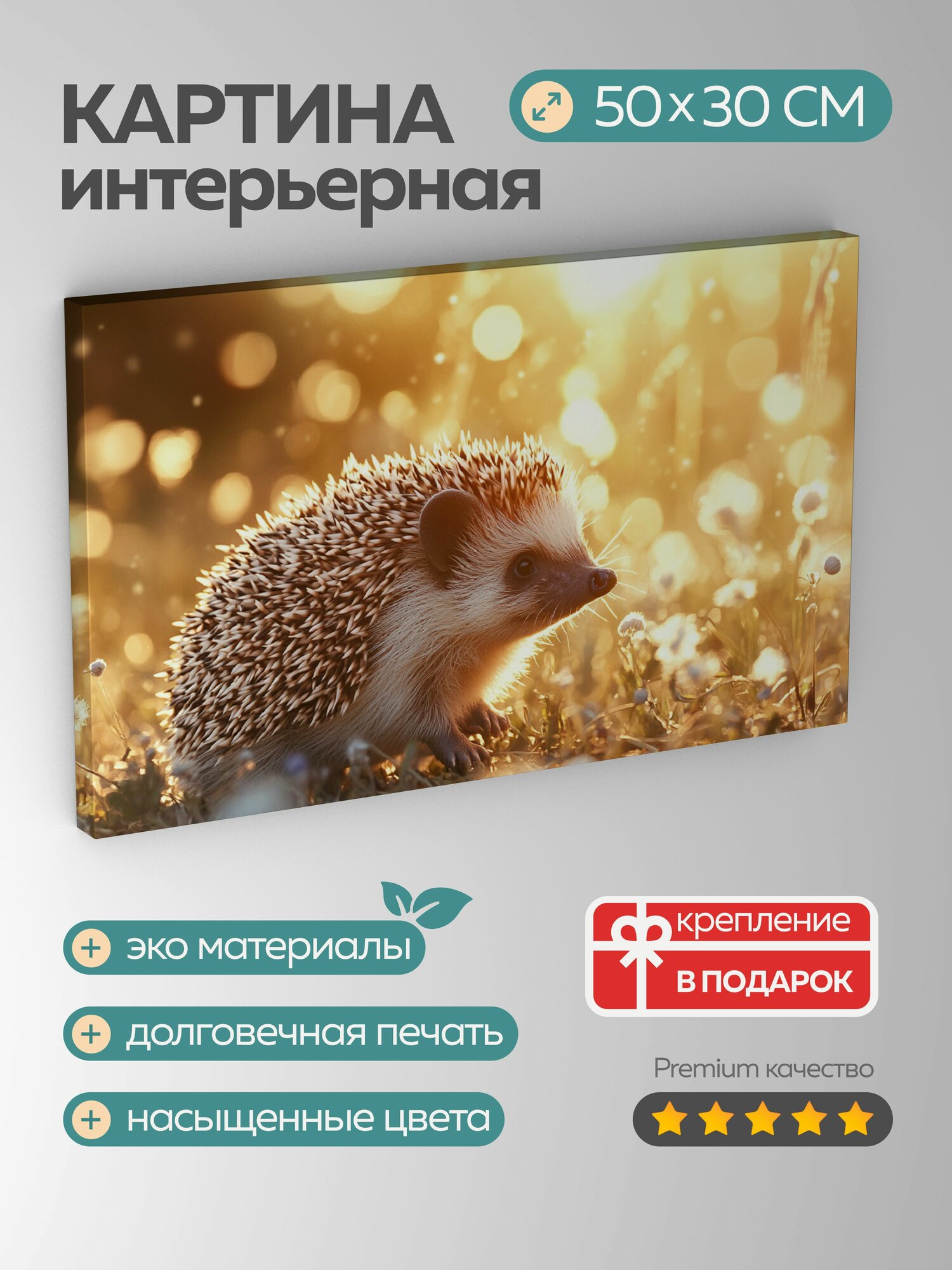 Картина на холсте интерьерная 50х30 см, Ежик, закат, поле, солнце, пища, разрешение, свечение, шипы, природа, детали.
