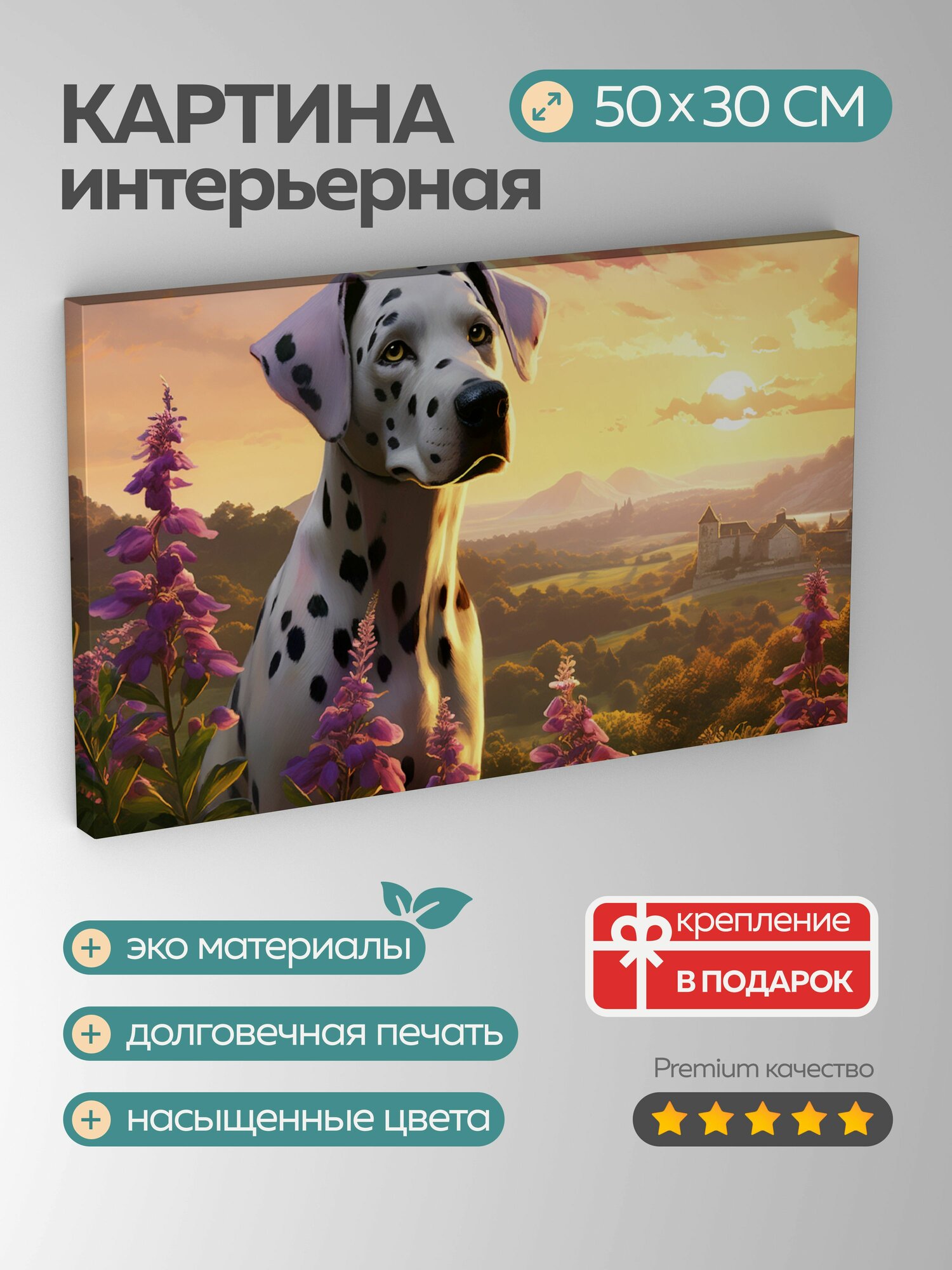 Картина на холсте интерьерная 50х30 см, дальматин, склон холма, сельская местность, солнце, поле цветов, удовлетворение