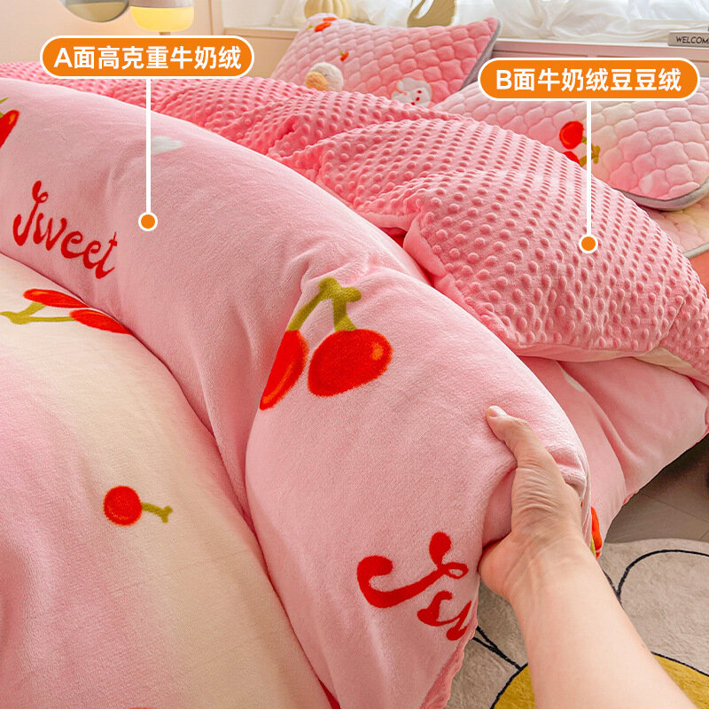 Бархатный комплект из четырех предметов с рисунком "молочный бархат в горошек", плотная двусторонняя бархатная простыня, пододеяльник, зимняя фланель, оптовая продажа, Категория а-маленькая вишня, 150х200 см, односпальное пододеяльник