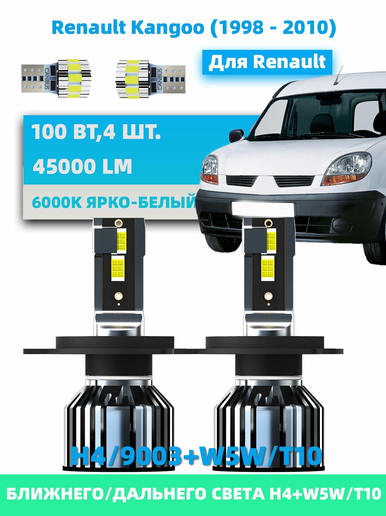 Лампочки h4 для Renault Kangoo (1998 - 2010) 6000k белые ЛЕД лампочки вместо галогенных 2шт