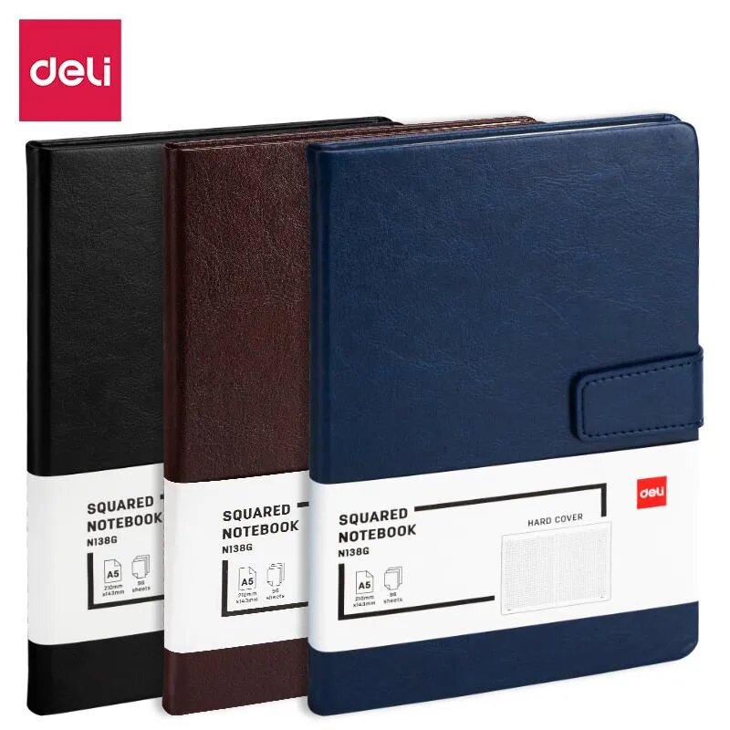 Блокнот Deli А5 96л 80 г/м тверд. облож, магнит клетка 5x5мм черн кожа EN138G 1741983