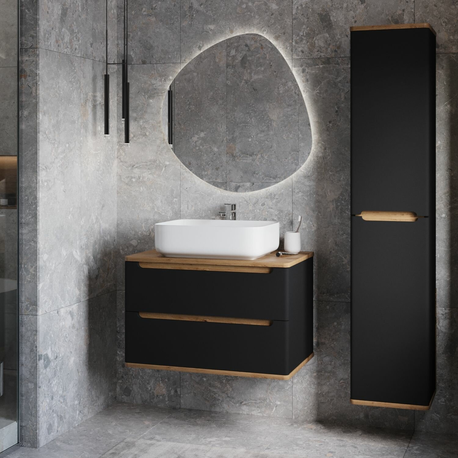 Шкаф Пенал в Ванную Комнату VORQUA 170х30х35 см. TYPE002PDH дуб, черный