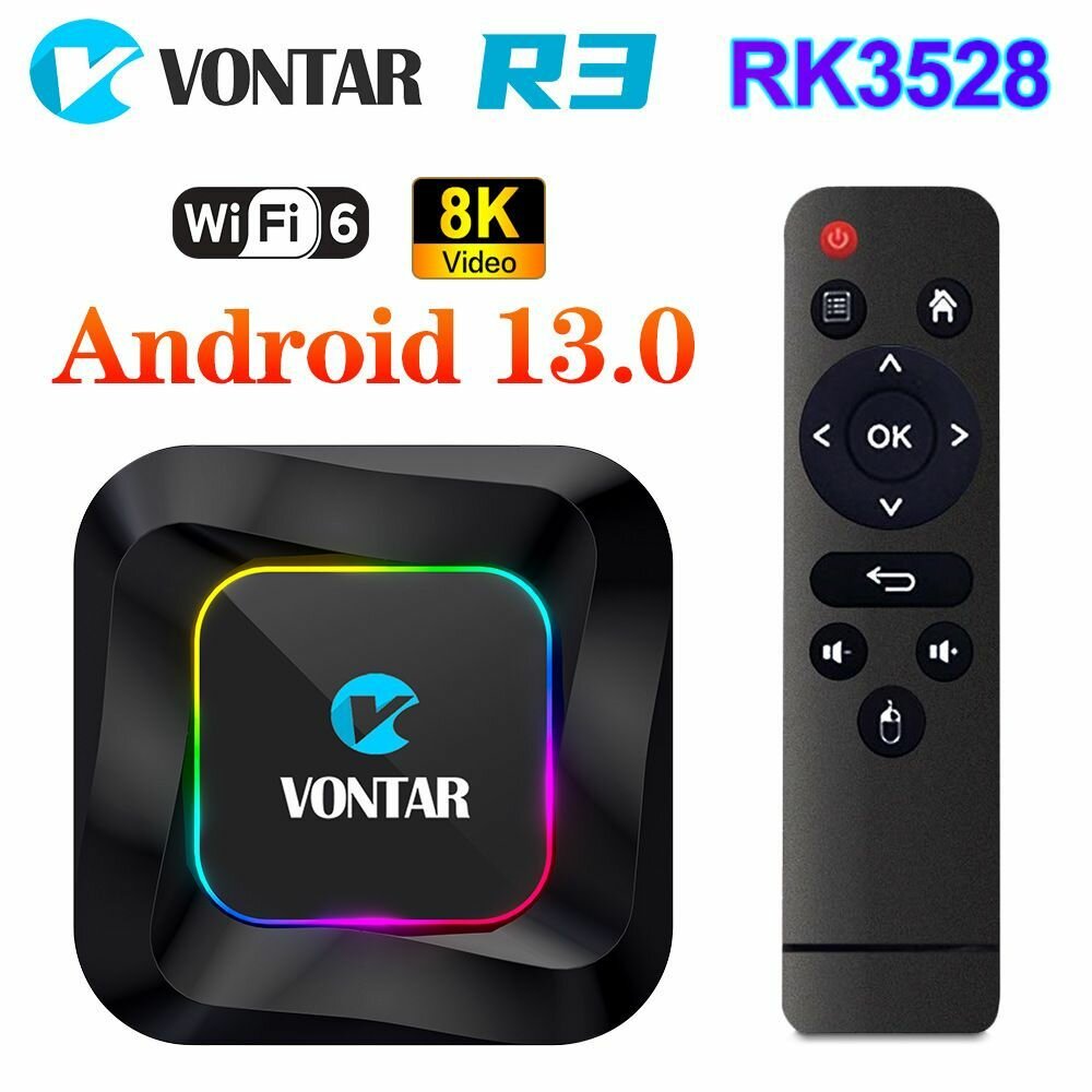 Смарт ТВ приставка VONTAR R3 Rockchip RK3528 Android 13 Поддержка 8K Видео BT5.0 Wifi 6 4/64ГБ Медиаплеер Google Voice