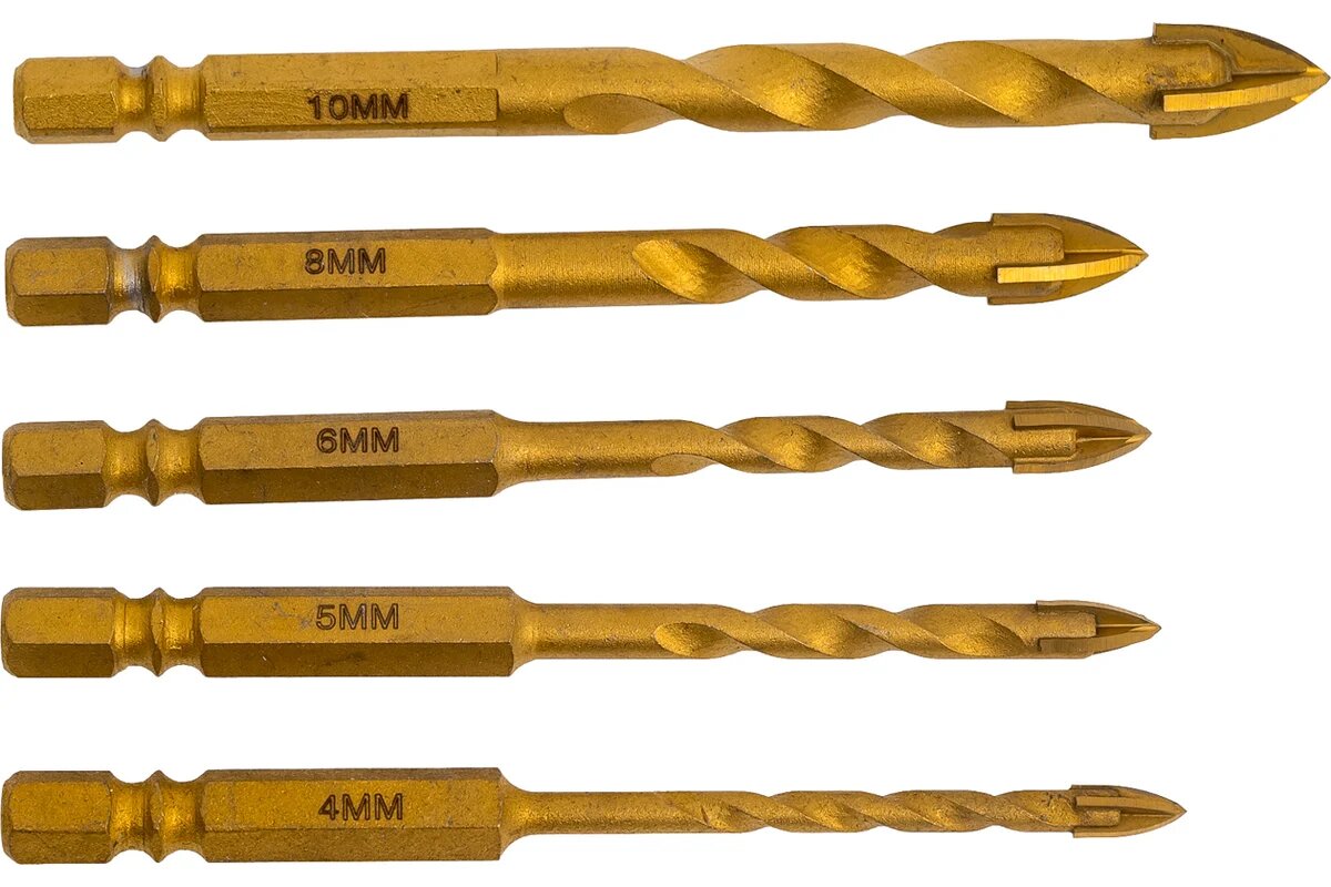 YATO YT-44809 Сверла по плитке и стеклу с хвостовиком HEX 4-10 мм, 5 шт набор
