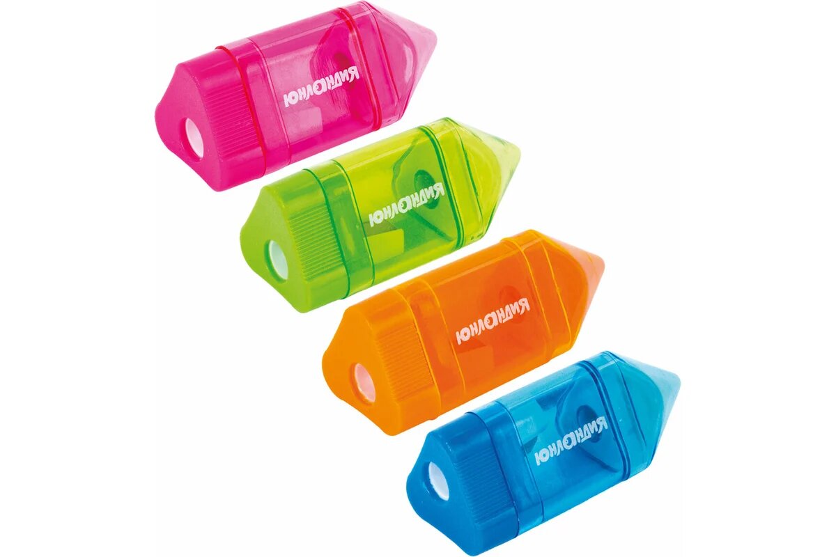 Юнландия Точилка 2 в 1 с контейнером и ластиком, набор 4 шт, карандашик для школы