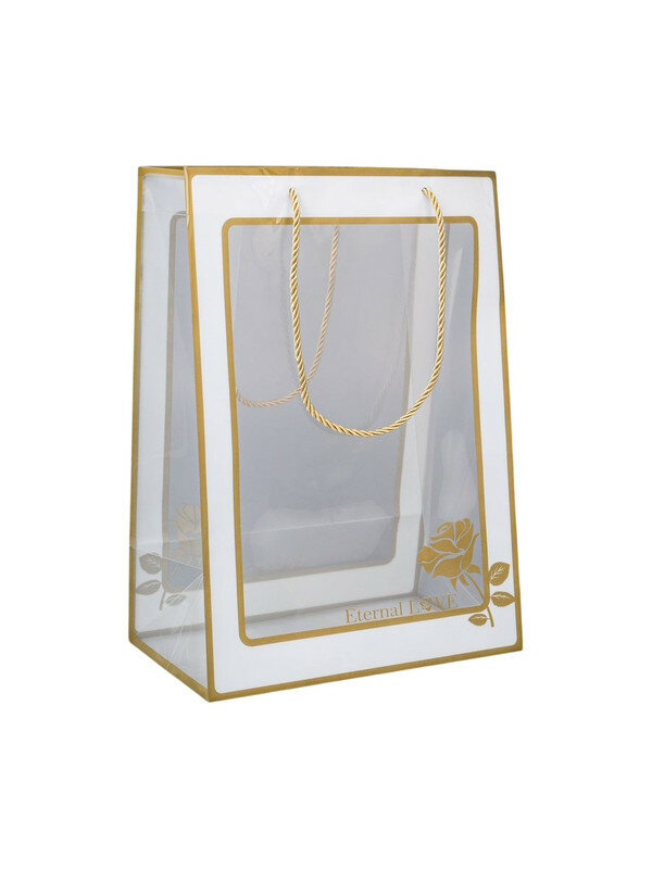 Сумка-кашпо пластик с ручками, с окном, бело-золотой кант