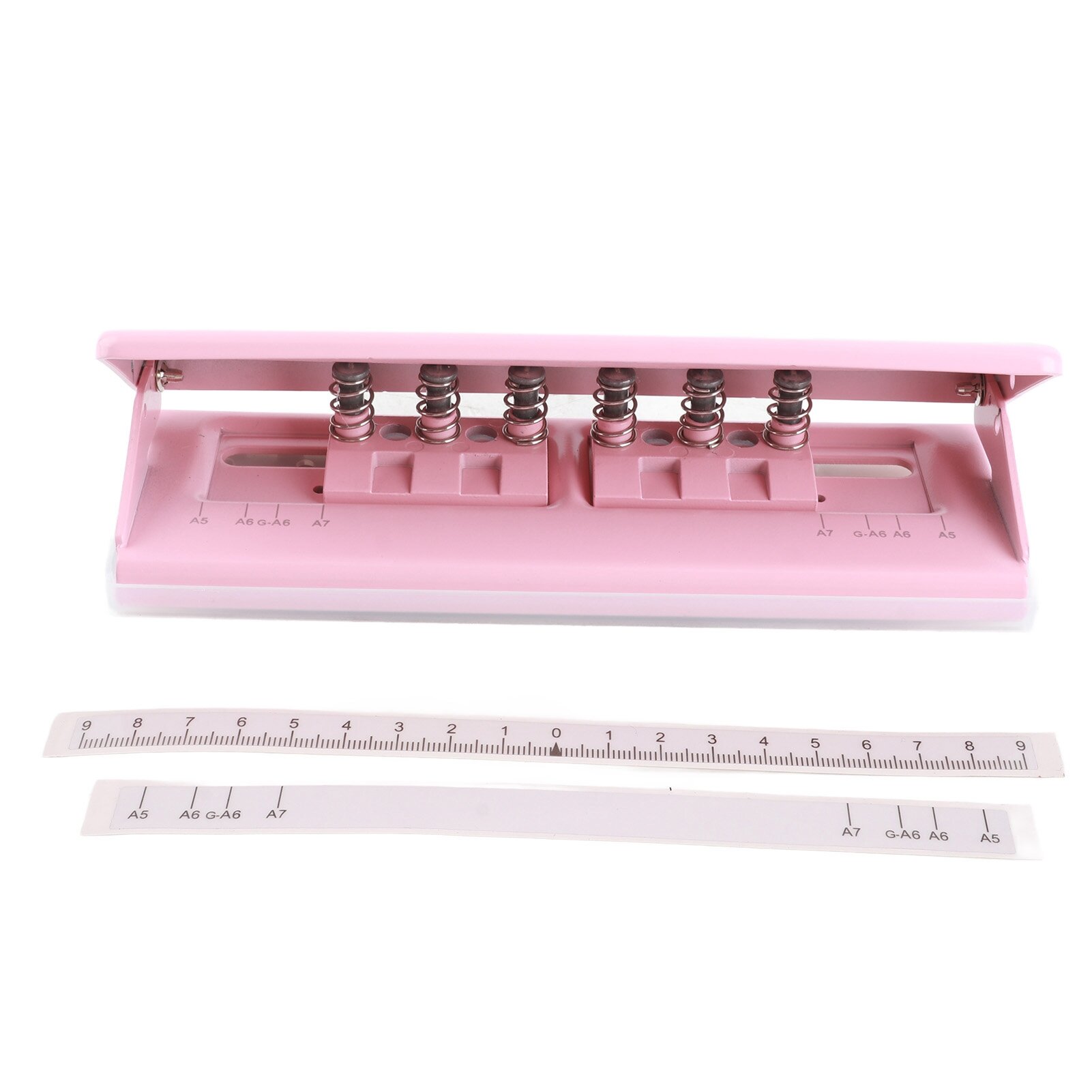 6-дырокол, розовый, противоскользящий, металлический, регулируемое расстояние между отверстиями