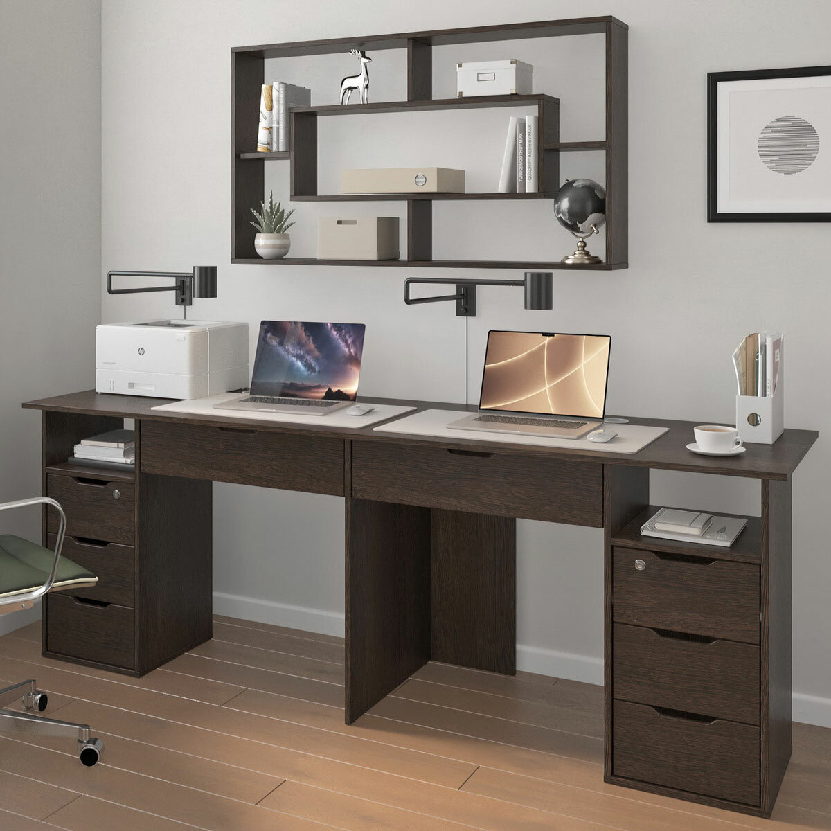 Письменный стол для двоих с настенной полкой (комплект) МагМебель Б-83Я.87 венге