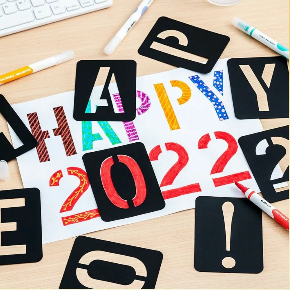 Трафарет Английский алфавит - большие буквы 8см. Набор буквы, цифры, символы 42шт.