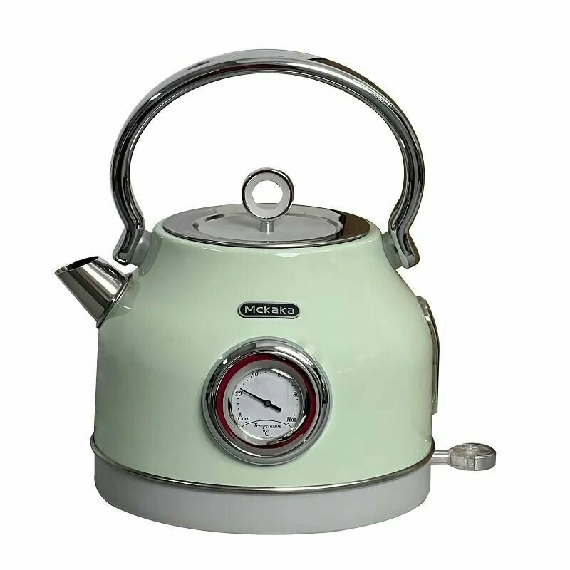 Электрический чайник 1.7Л，Ретро-стиль，с термометром, светло-зеленый, белый