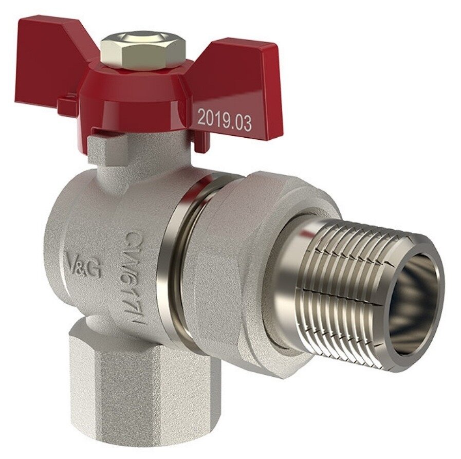 Кран шаровый для воды V&G / В&Г Optima угловой с полусгоном, ручка бабочка, латунь, цвет серый, резьба 1/2" / запорная арматура