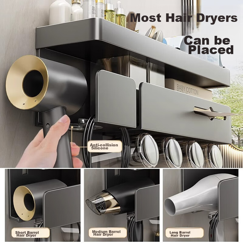 MUYA Electric Toothbrush Holder, Bathroom Storage Rack, Toilet And Bathroom Mouthwash Cup, Multifunctional Hair Dryer Wall-Mounted Rack