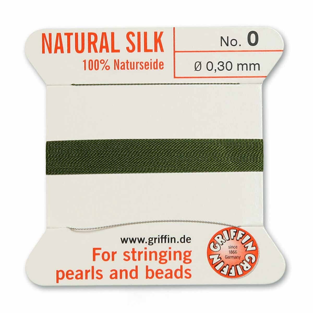 Нить шелковая, Griffin No.0 (0.3мм), оливковая, с иглой, моток, 2 метра