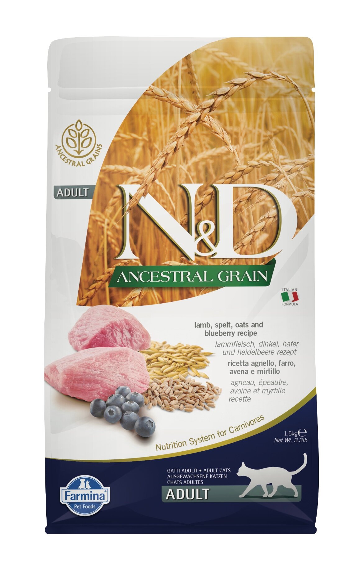 Корм сухой FARMINA ND ANCESTRAL GRAIN CAT Lamb Blueberry Adult для взрослых кошек с ягнёнком, 1,5кг