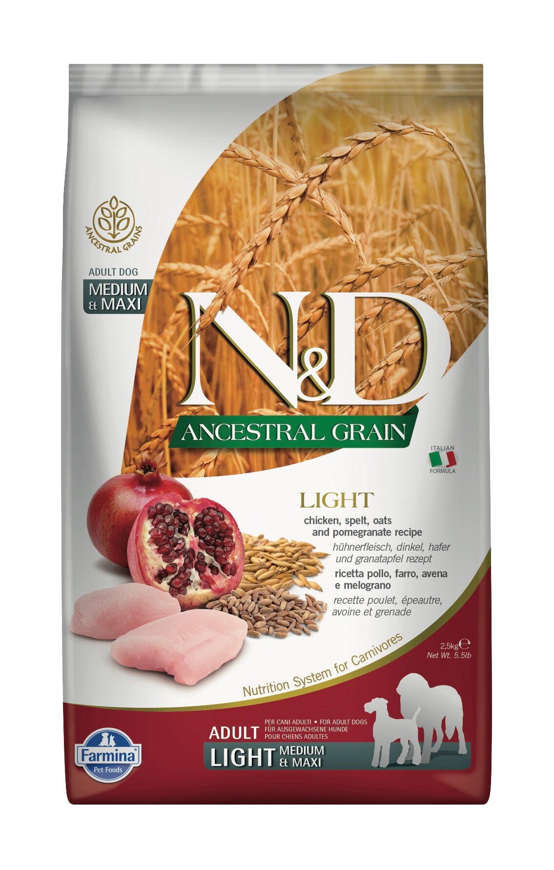 Корм сухой FARMINA ND ANCESTRAL GRAIN DOG LIGHT Pomegrante Adult MEDIUM MAXI для собак средних и крупных пород с курицей, контроль веса 2,5кг