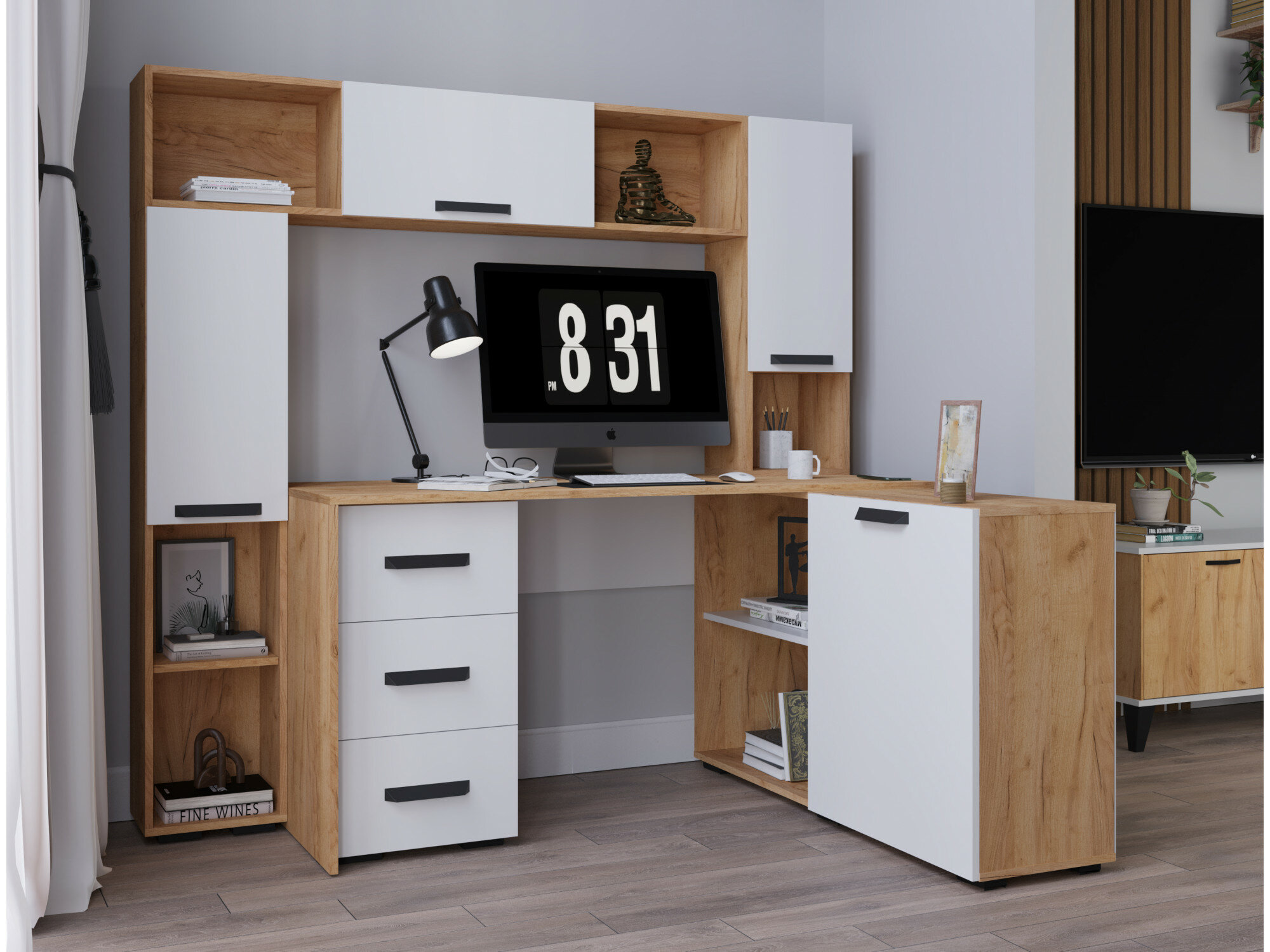 Модульный Офис для дома, композиция 2, Дуб крафт золотой/Белый