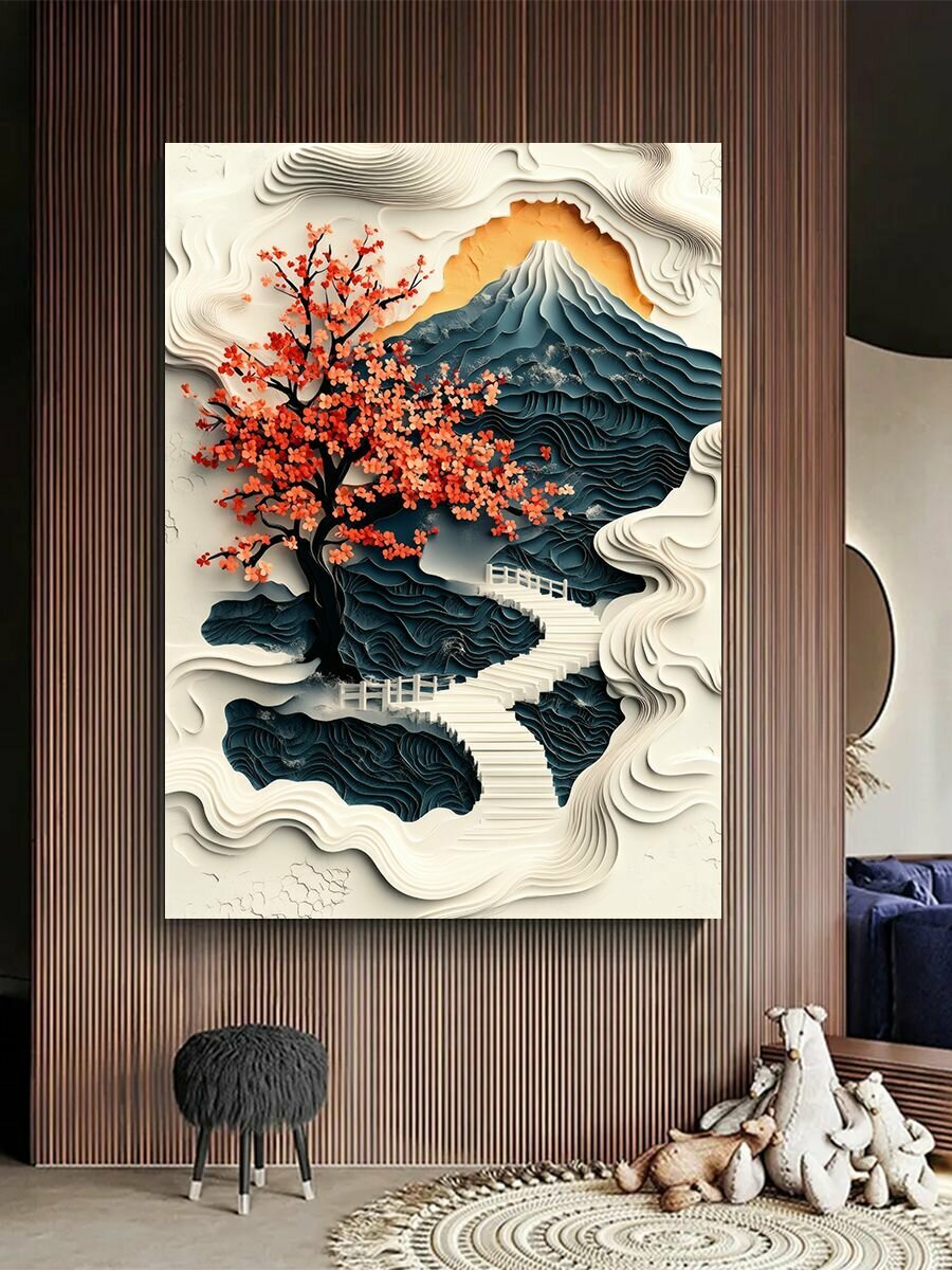 Картина интерьерная - "Пейзаж в японском стиле / гора Фудзи и сакура" , 40х60 см.