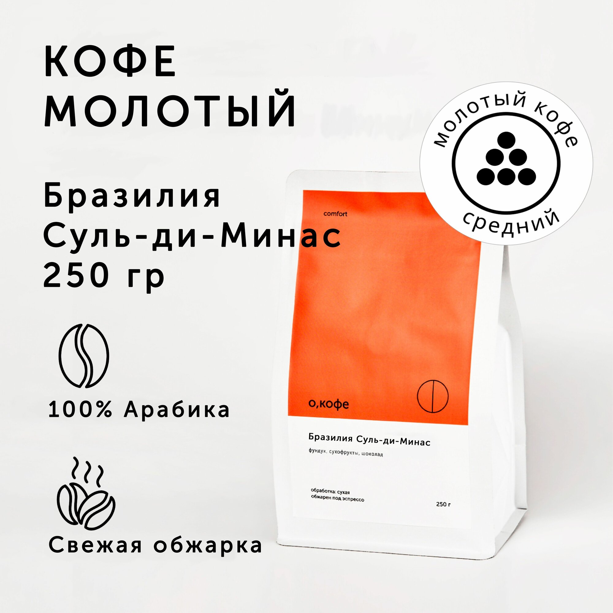Кофе молотый О, кофе Бразилия Суль-ди-Минас 250 гр, средний помол