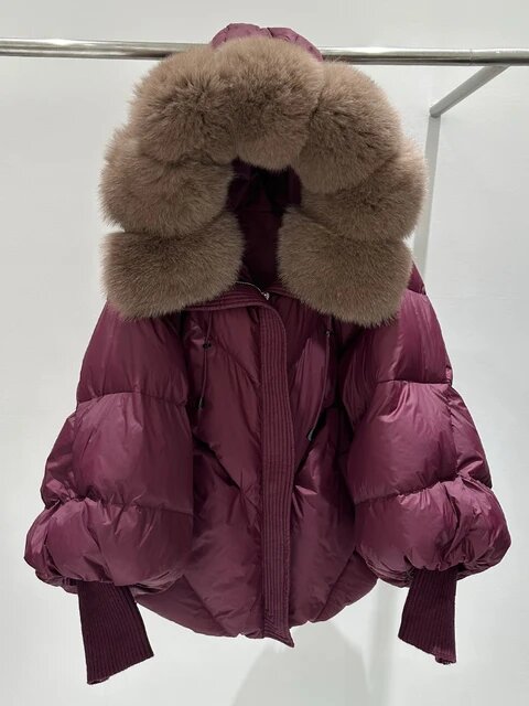 MOOCIE Lagabogy 2025, новая зимняя большая куртка-пуховик с капюшоном из натурального меха для женщин, белая парка средней длины с утиным пухом, толстое теплое трикотажное пальто с рукавами